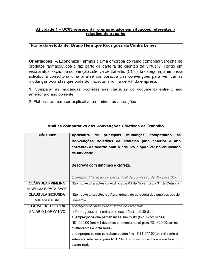 Atividade 1 - UC03 - Bruno Henrique Rodrigues Da Cunha Lemes | PDF | Salário | Acordo coletivo