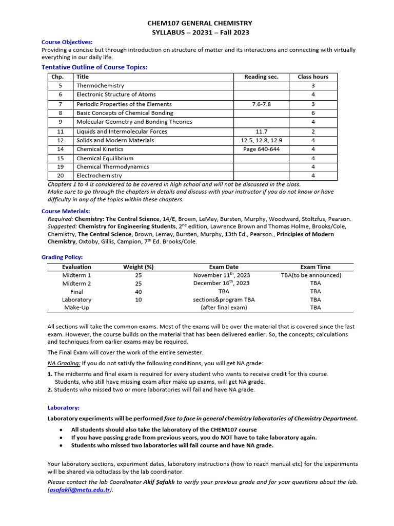CHEM107 Syllabus Fall 2023 | PDF | Chemistry | Chemical Bond