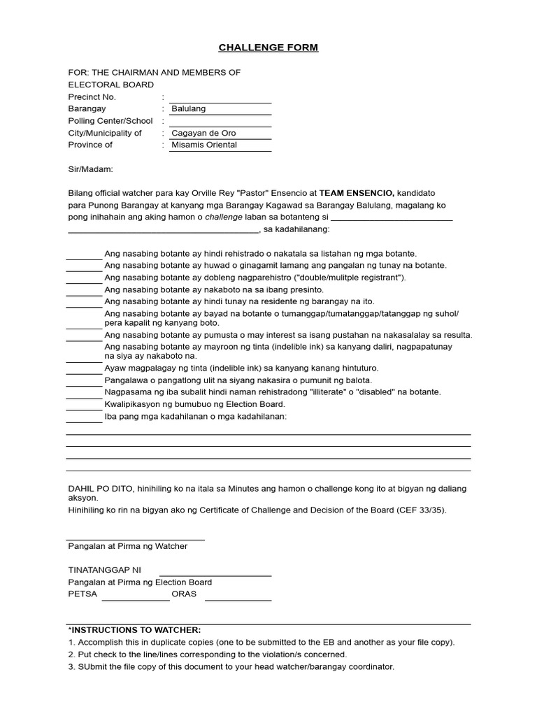 CHALLENGE FORM | PDF