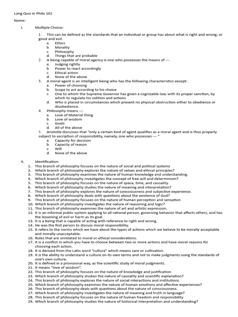 Philo 101 Quiz: Ethics & Morality | PDF | Morality | Reason