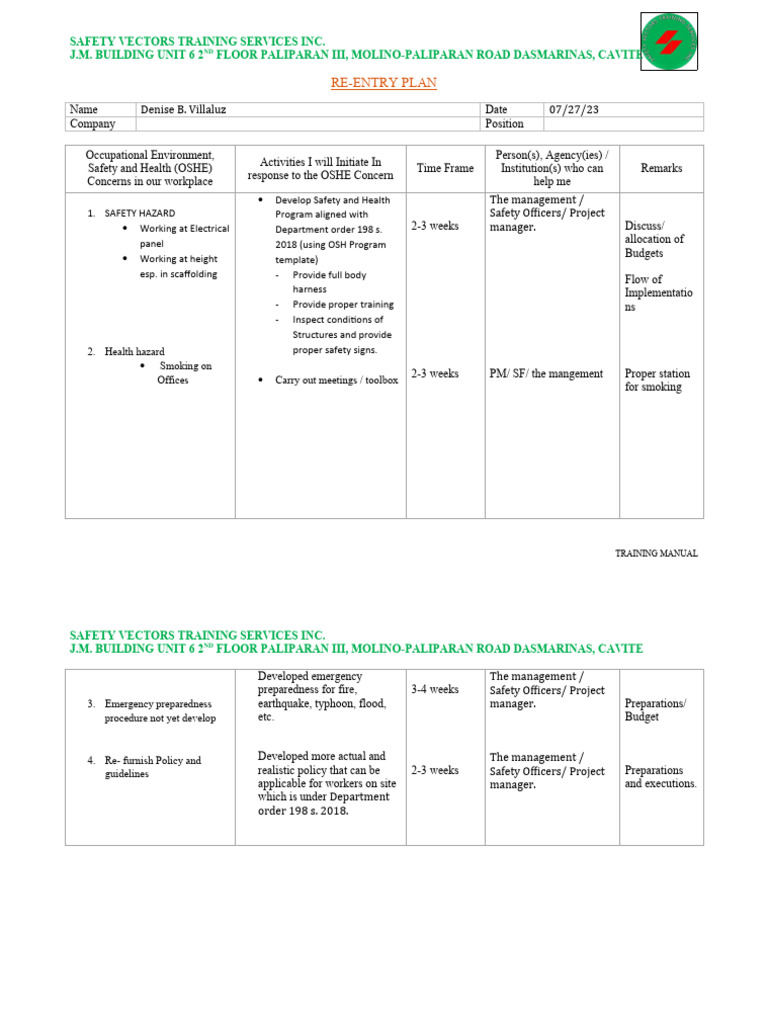 Reentry Plan | PDF | Occupational Safety And Health | Workplace