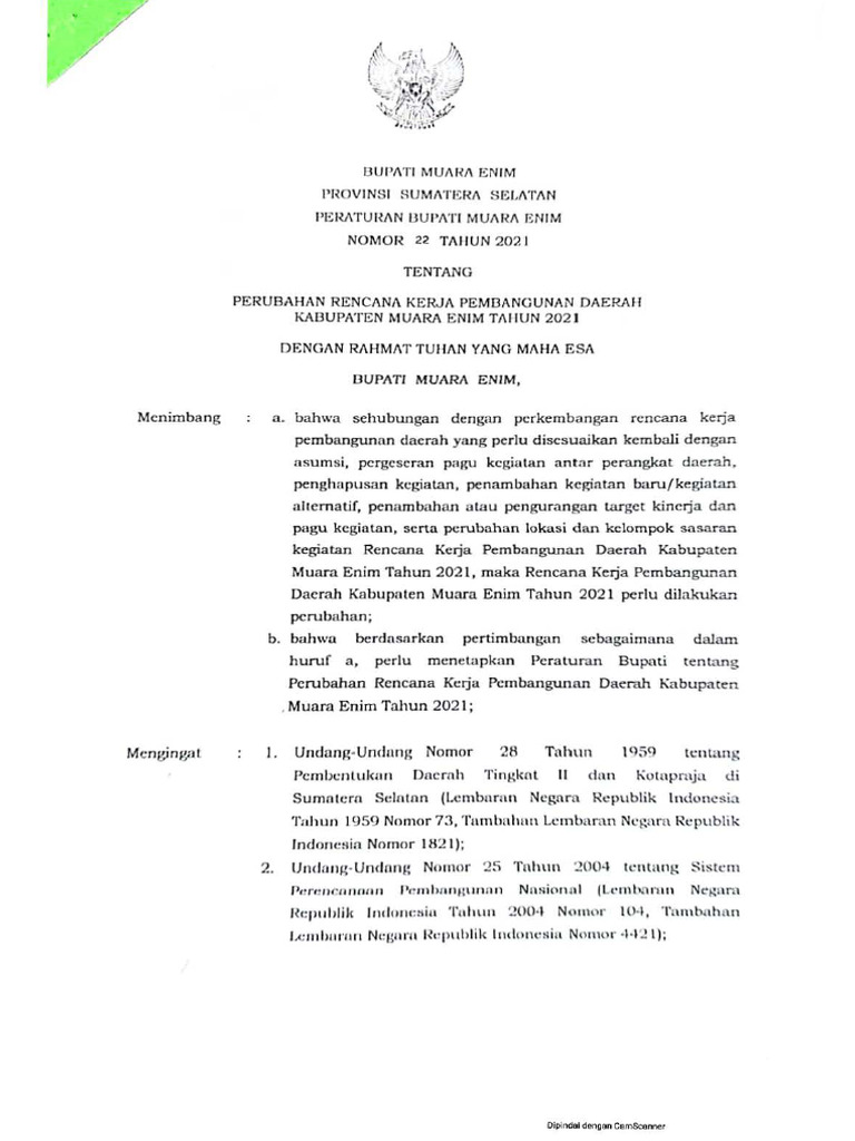 Peraturan Bupati Muara Enim No 22 Tahun 2021 | PDF