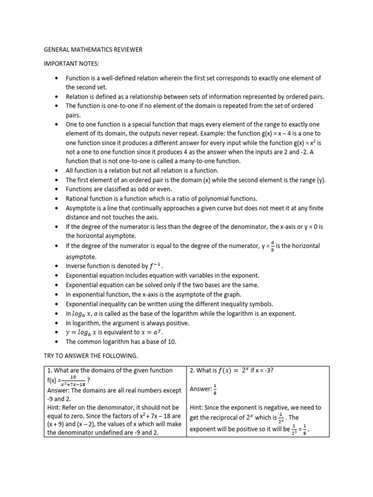 General Mathematics Function Review | PDF | Function (Mathematics) | Exponentiation