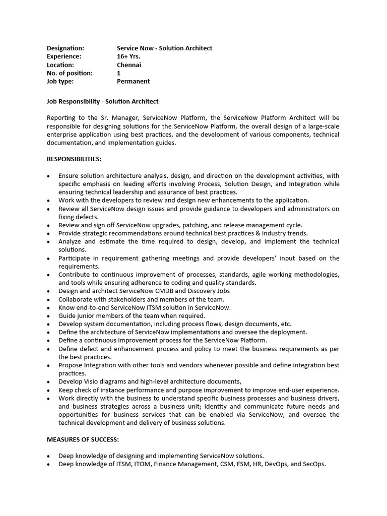 ServiceNow Solution Architect - JD | PDF | It Service Management | World Wide Web