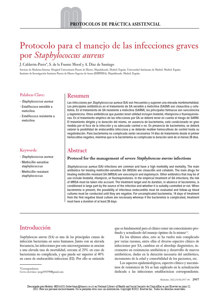 Protocolo de Manejo de Infecciones Graves Por S.A | PDF | Staphylococcus Aureus | Staphylococcus ...