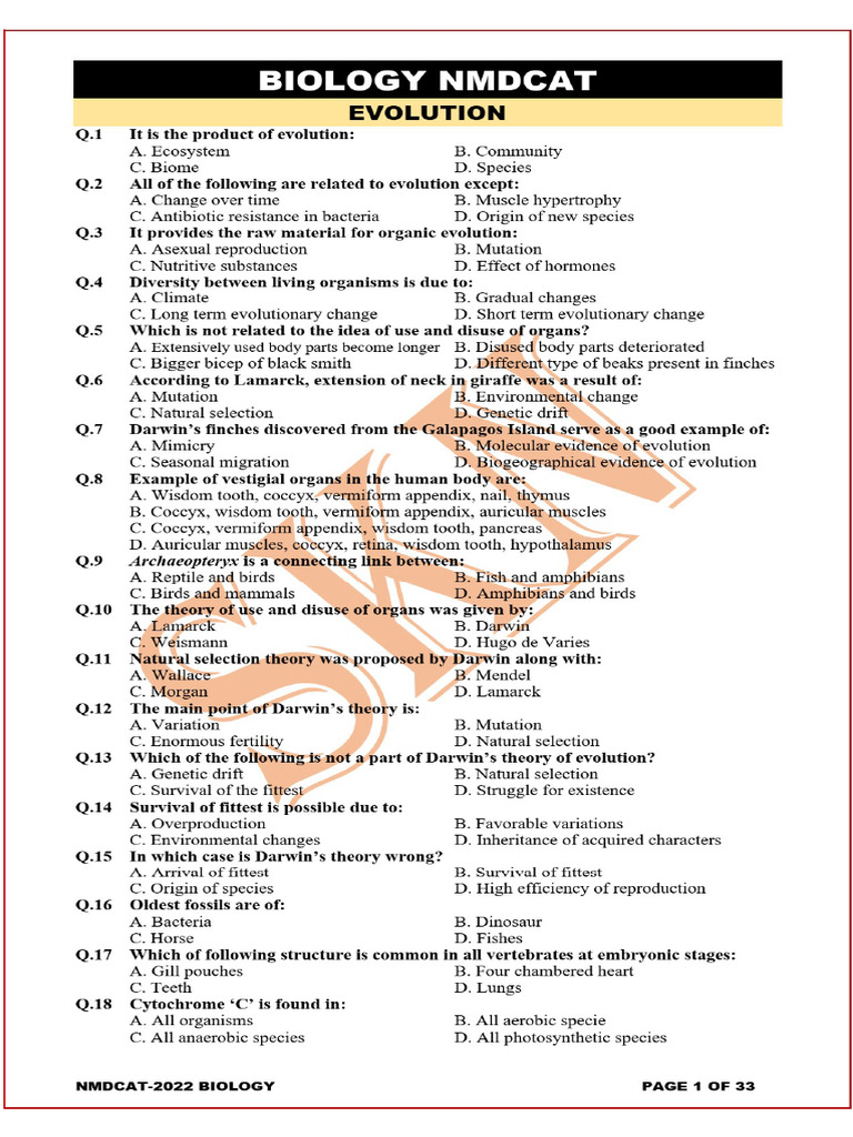 EVOLUTION WORKSHEET BY SKN 2022 MCQs 500 | PDF