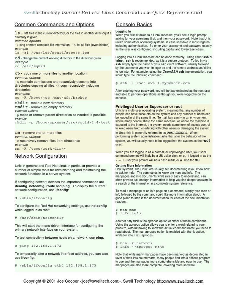 Red Hat Linux Command Line Quick Reference Card Secure Shell Superuser