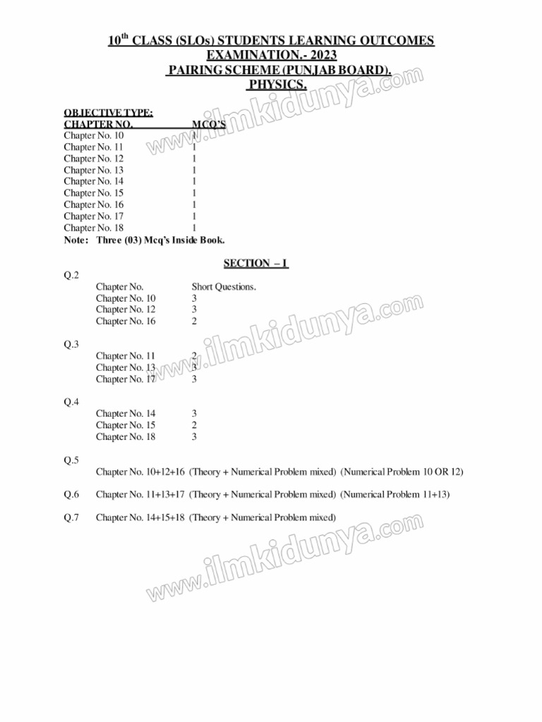 10th Class Physics Pairing Scheme | PDF