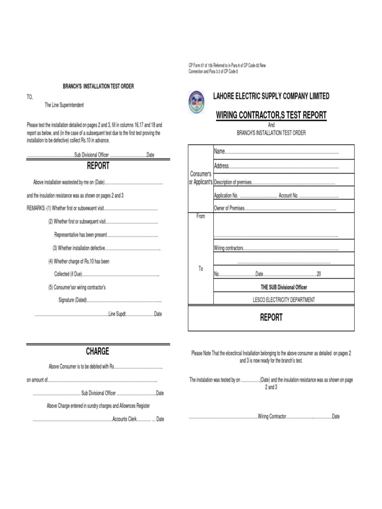 Wiring Contractor, S Test Report | PDF | Electrical Conductor ...