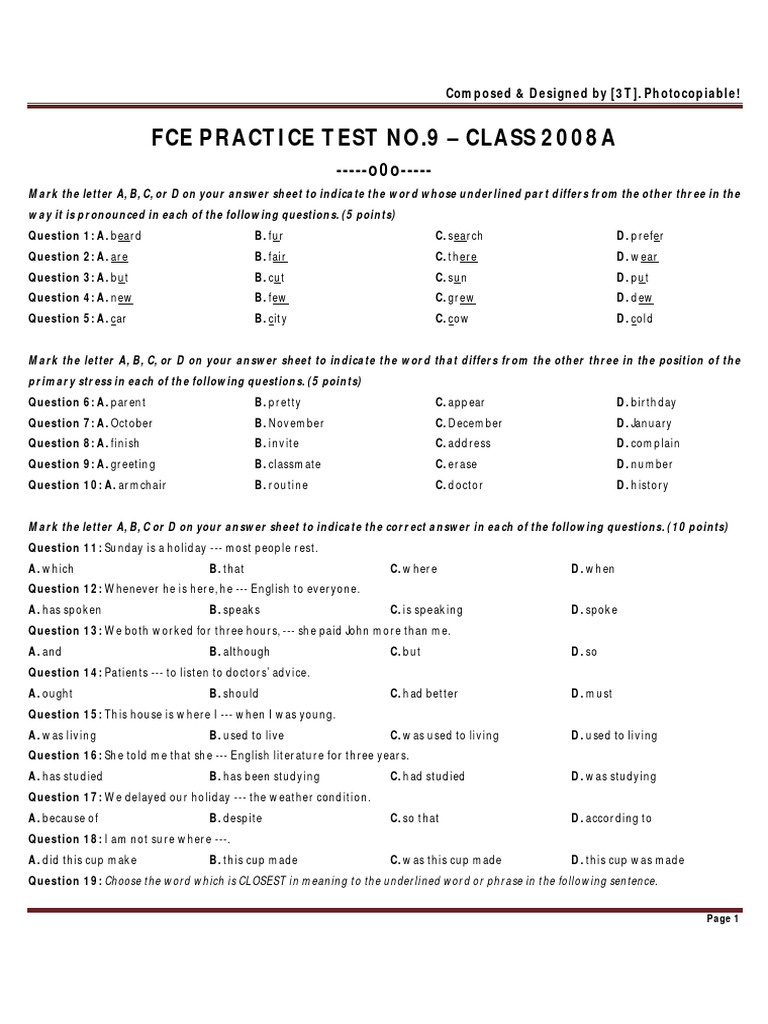 FCE Practice Test No.9 - 2008A | Download Free PDF | Cinderella