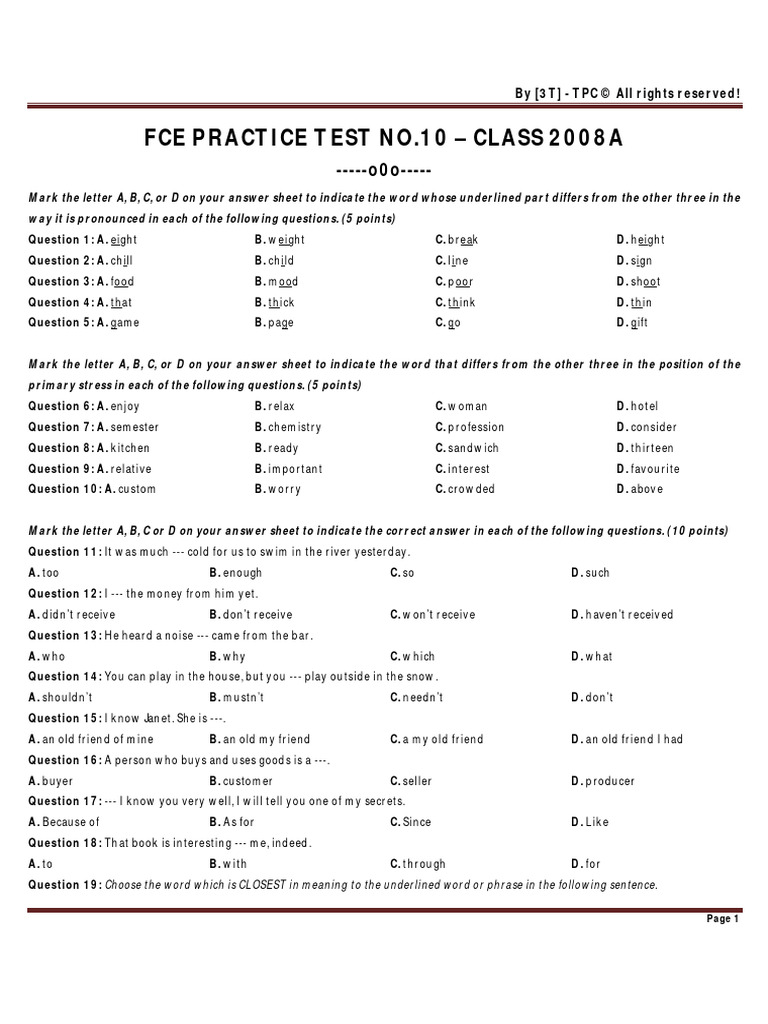 FCE Practice Test No.10 - 2008A | PDF | Mail | Envelope