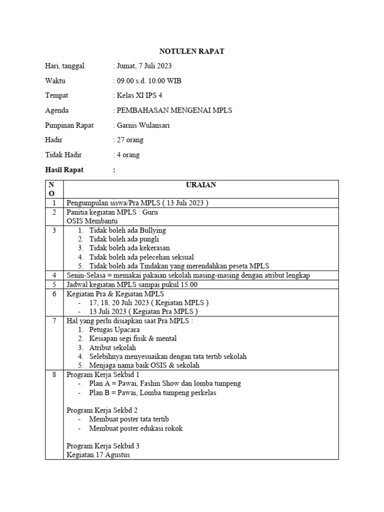 NOTULEN RAPAT OSIS | PDF