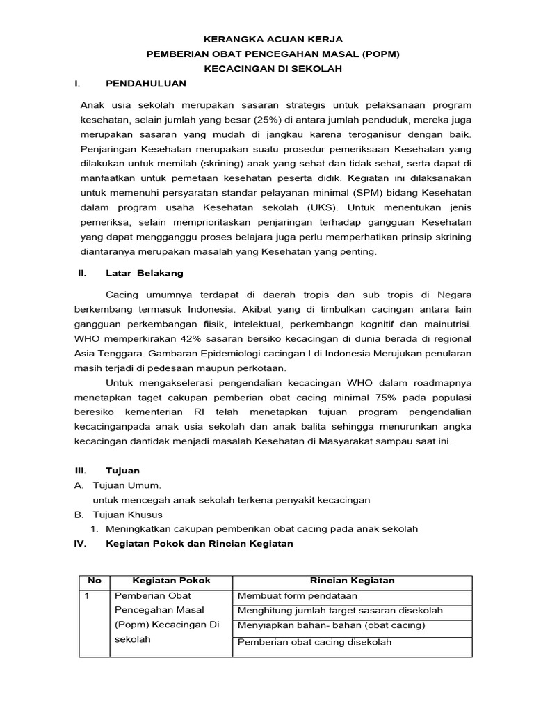 KAK Pemberian Obat Cacing Di Sekolah | PDF