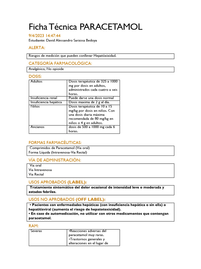 Ficha Técnica PARACETAMOL | PDF | Medicamentos con receta | Tratamientos médicos