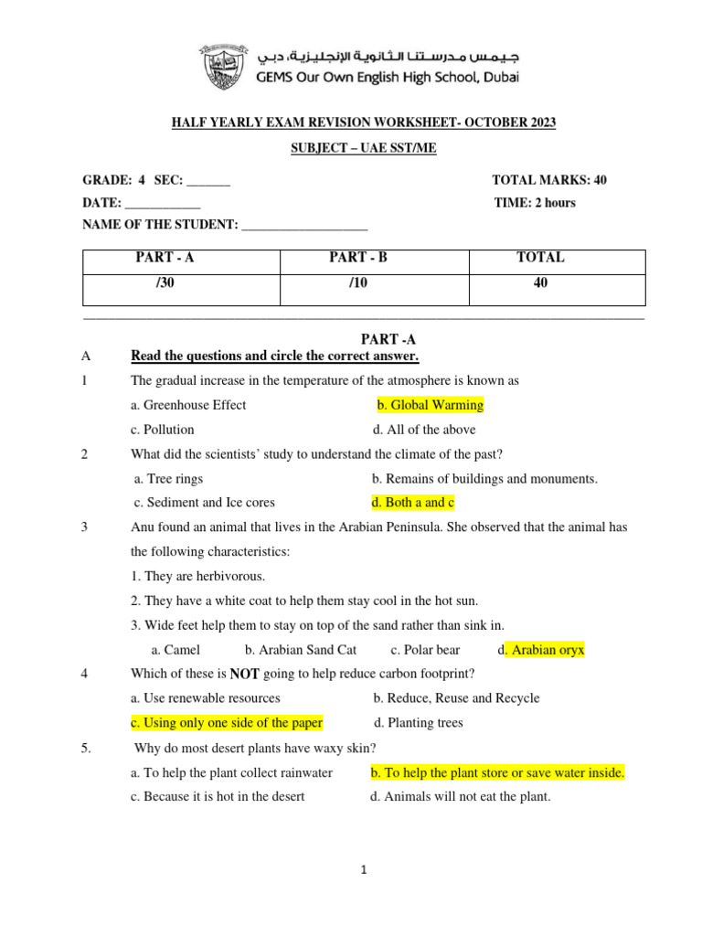 Grade 4 UAE SST ME Half Yearly Revision Worksheet - 2023-24 - Answer ...