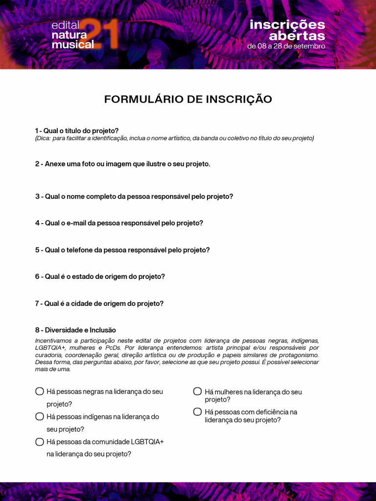Formulario NATURAL MUSICAL 2021 | PDF | YouTube | Acessibilidade