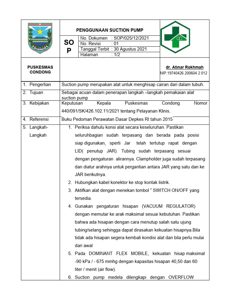 Sop Penggunaan Suction Pump | PDF