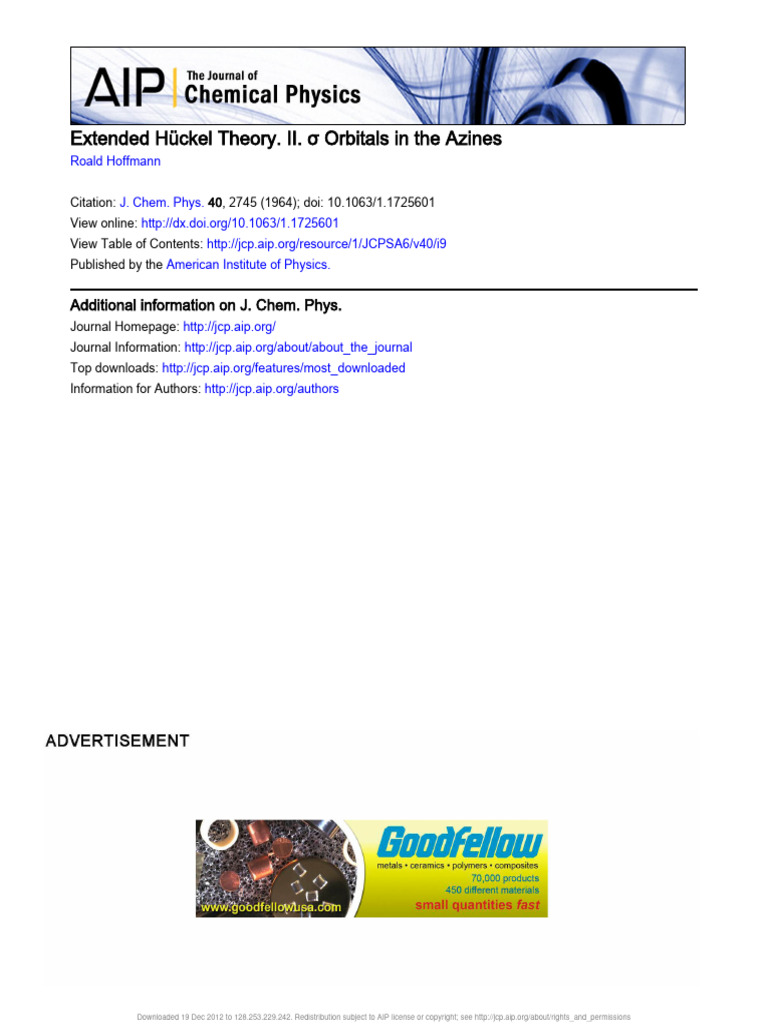 An Extended Huckel Theory. II. Sigma Orbitals in The Azines | PDF ...