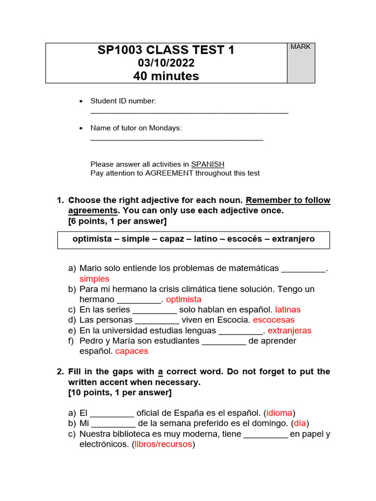 SP1003. Class Test 1. 2022. Soluciones. Estudiantes | PDF | Estudios de ...