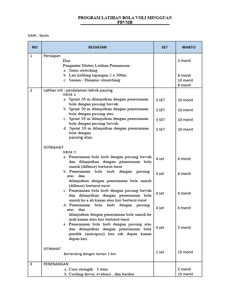 PROGRAM LATIHAN BOLA VOLI MINGGUAN | PDF