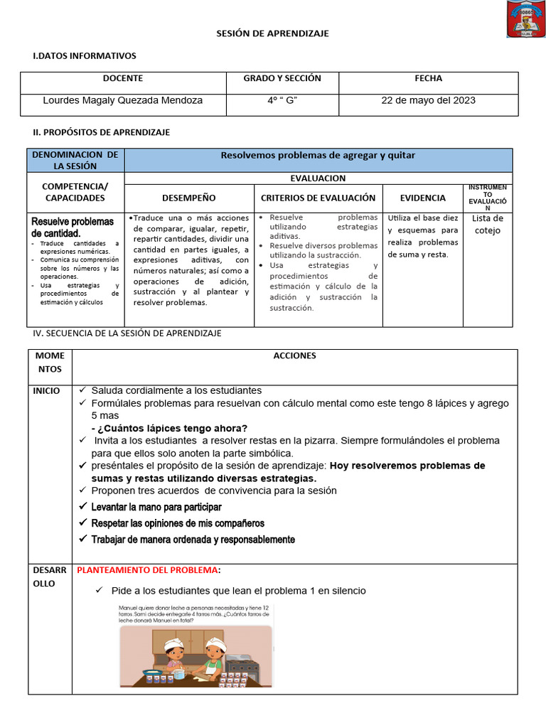 Sesion de Aprendizaje 1 - Matematica | PDF | Sustracción | Evaluación