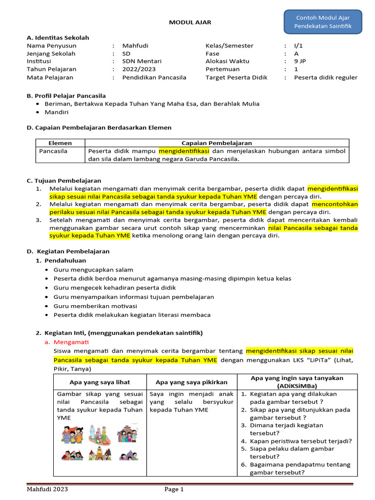 Contoh MODUL AJAR Saintifik Akhir Final Bimtek | PDF