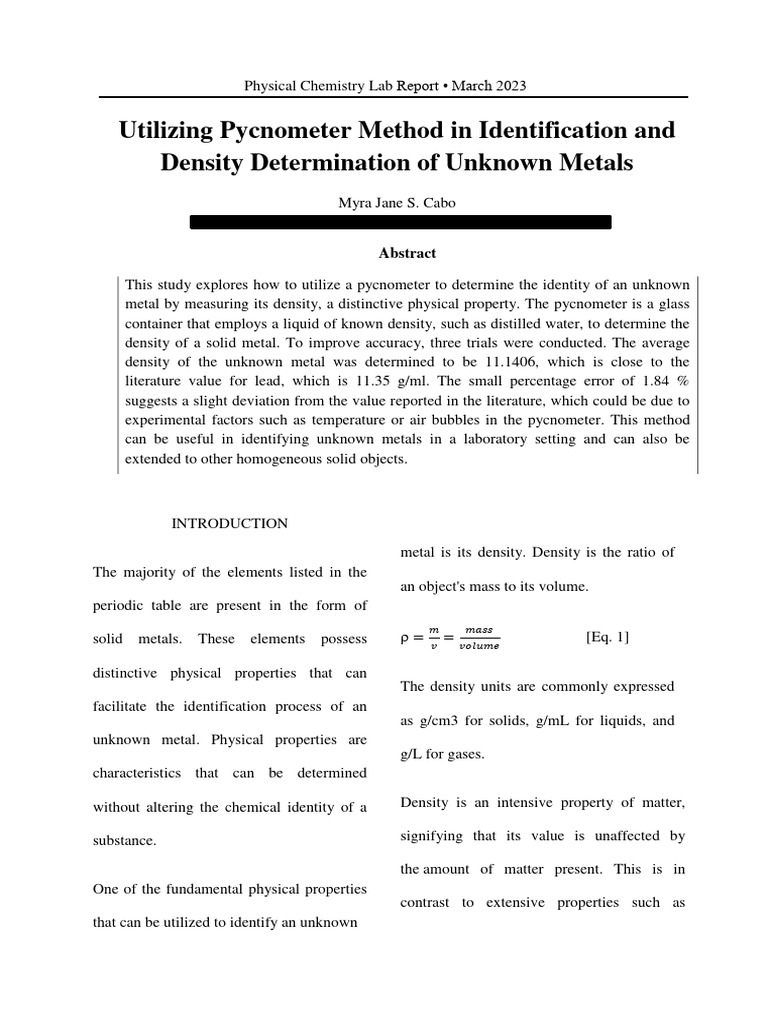 Pycnometer Method for Metal Density Analysis | PDF | Density | Experiment