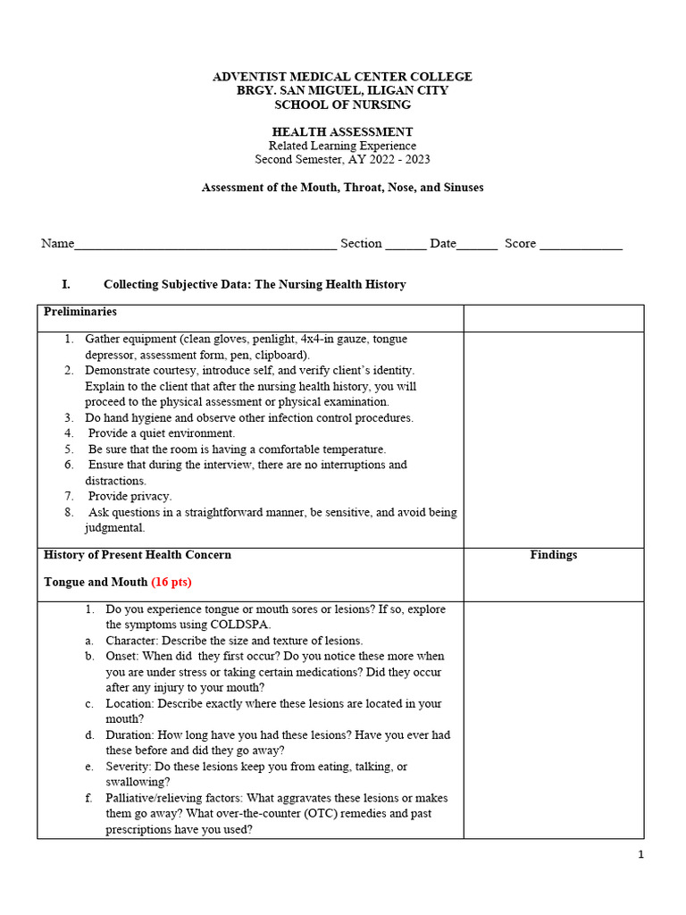 Mouth Throat Nose and Sinuses Assessment Findings | PDF | Human Nose ...