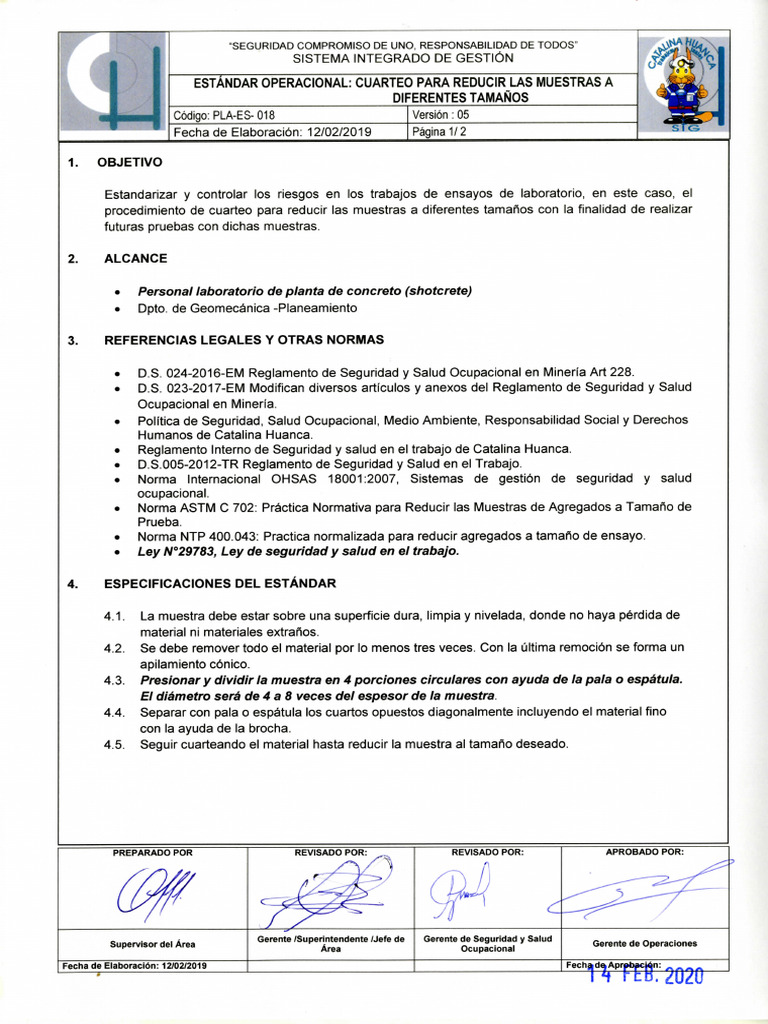 PLA-ES-018 Estandar de Procedimiento de Cuarteo para Reducir Las ...