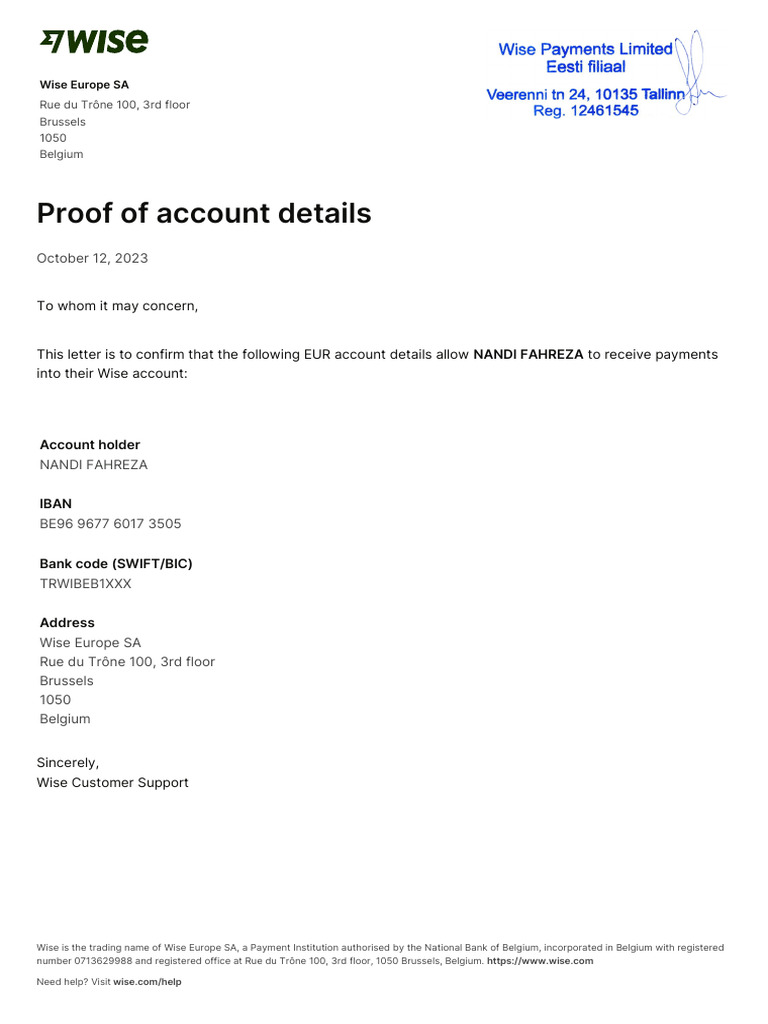 Wise Account Details Confirmation | PDF