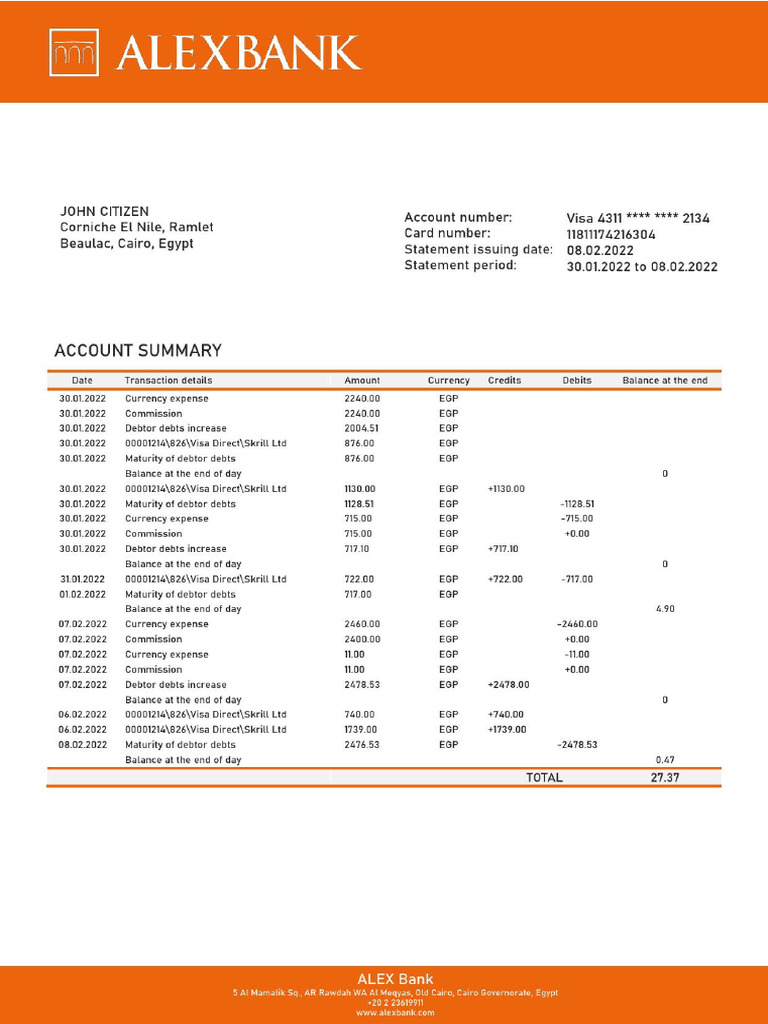 Egypt Alex Bank of Egypt Proof of Address Bank Statement Template in Word and PDF Format 2 | PDF