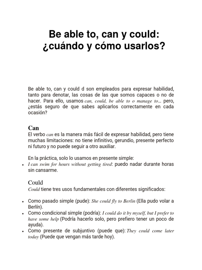 Uso de can, could y be able to | PDF | Verbo | Lingüística