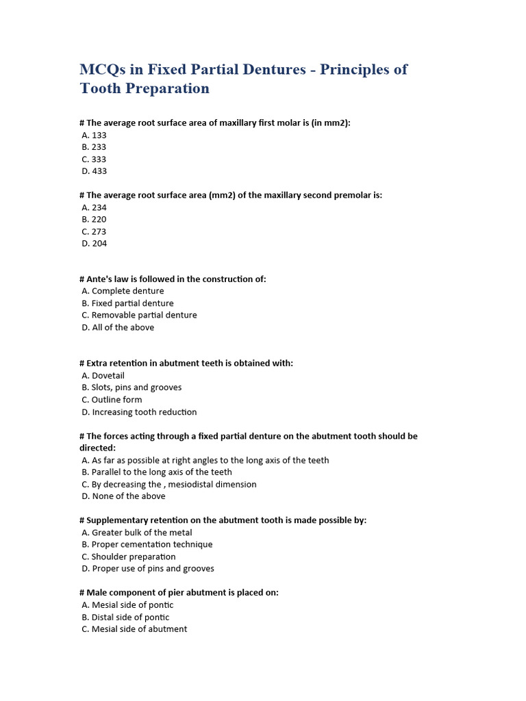 Mcqs in Fixed Partial Dentures - Principles of Tooth Preparation | PDF | Dentistry Branches ...