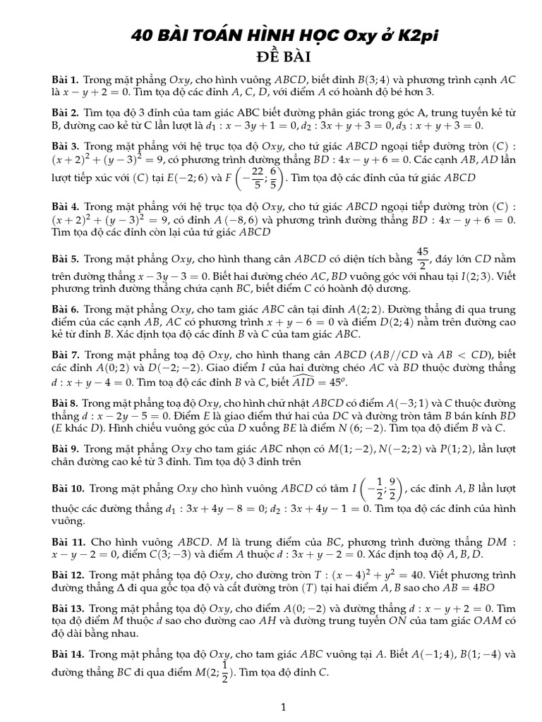 Onluyen.vn_tổng Hợp 40 Bài Toán Hình Học Về Mặt Phẳng Oxy Môn Toán Lớp 10 | PDF