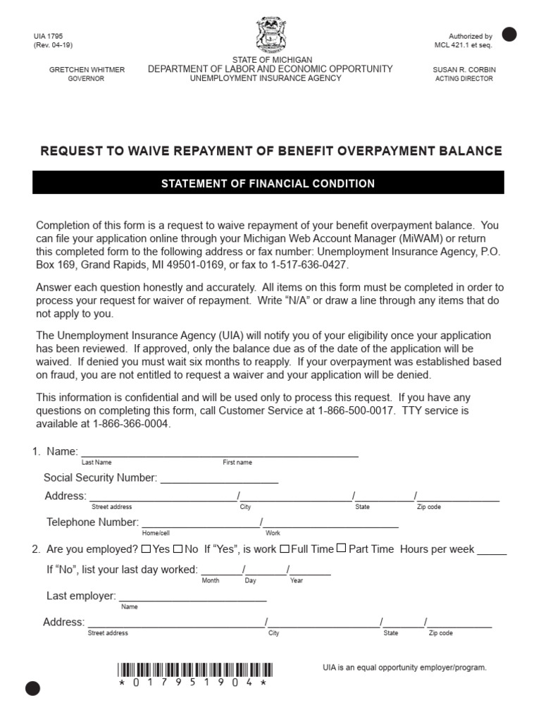 Michigan UIA 1795 Waiver Request Form | PDF | Welfare | Income