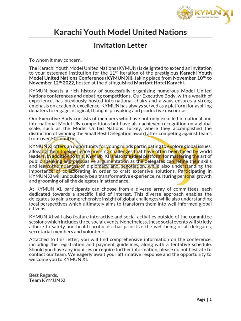 Invitation Letter - KYMUN XI | PDF | United Nations | International ...