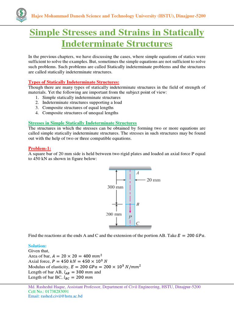 Simple Stresses and Strains of Statically Indeterminate Structures | PDF | Elasticity (Physics ...