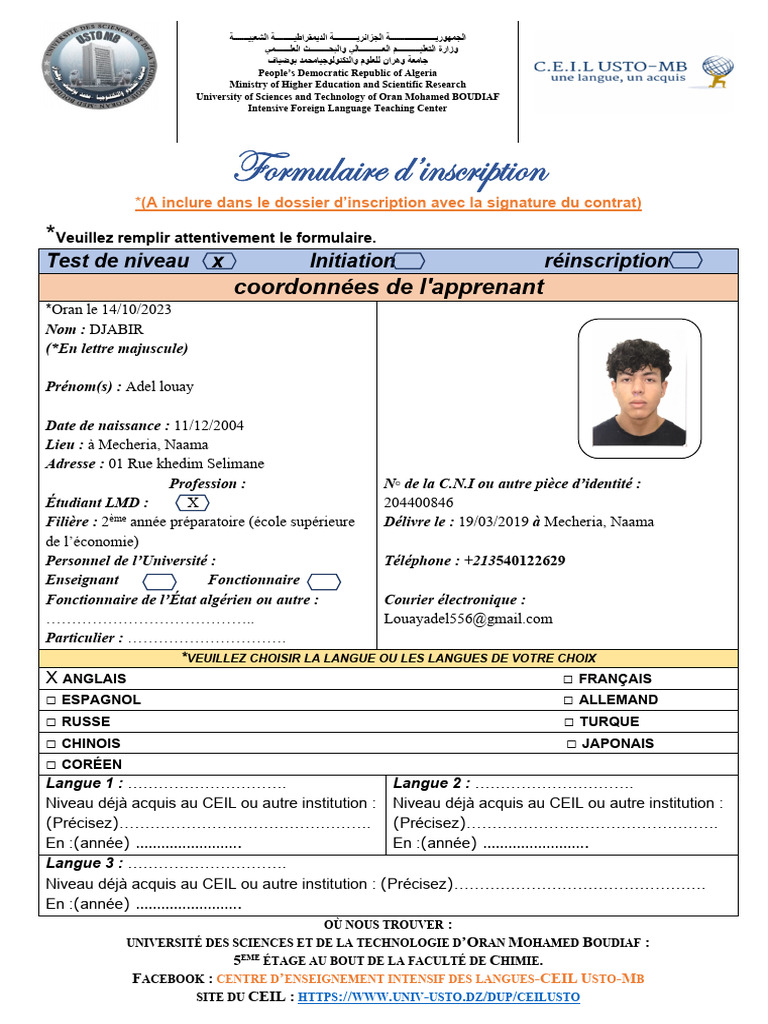 Inscription au CEIL USTO-MB 2023 | PDF