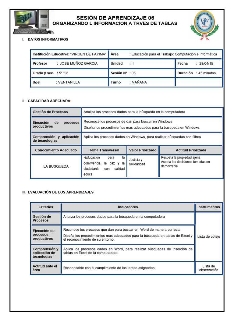 347996590-SESION-DE-APRENDIZAJE-TABLAS-EN-EXCEL 3rox | PDF | Microsoft Excel | Maestros