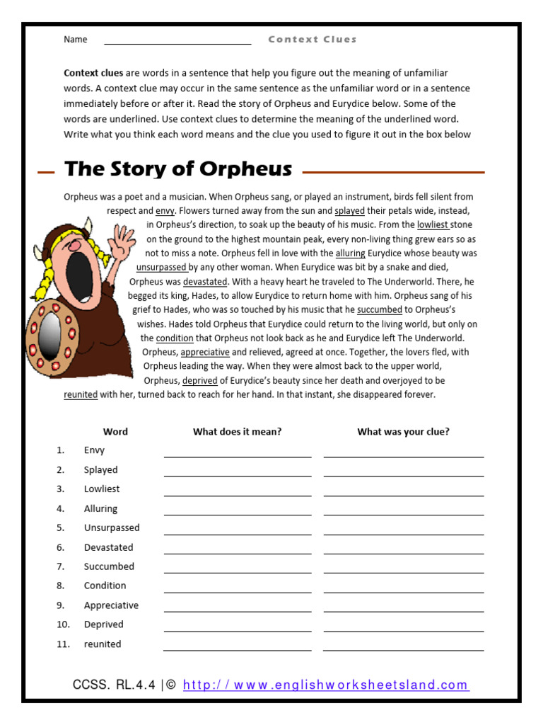 The Story of Orpheus (Context Clues) | PDF