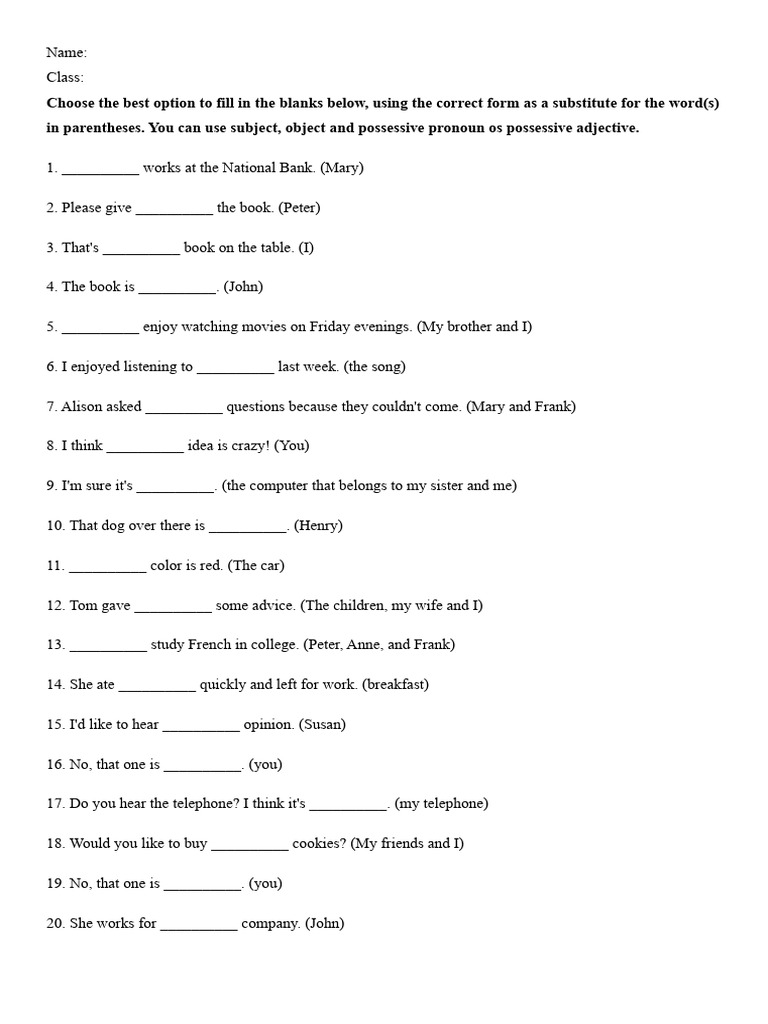 Subject, Object and Possessive Pronoun Os Possessive Adjective | PDF ...