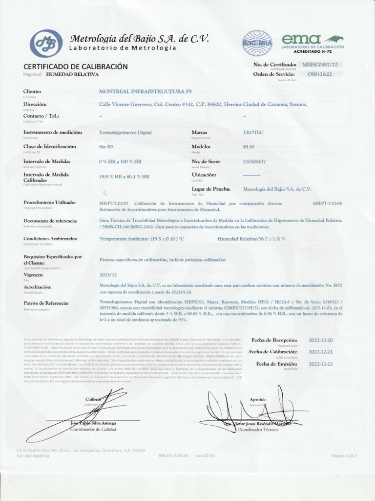 CERT. MBHC0497-22 Termohigrometro | PDF