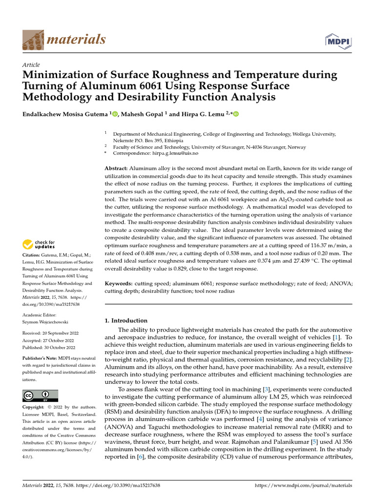 Minimization Of Surface Roughness And Temperature Pdf Mathematical