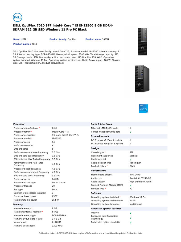 Desktop Dell Optiplex 7010 SFF (59P3N) | PDF | Solid State Drive ...