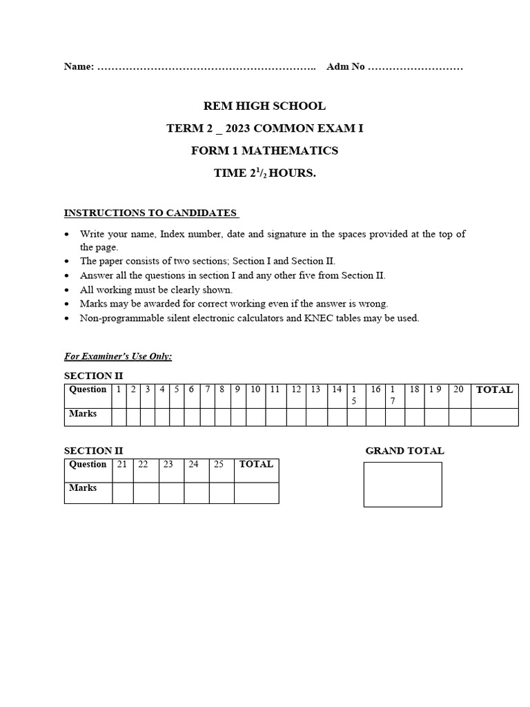 Rem Form 1 Maths | PDF | Mathematics