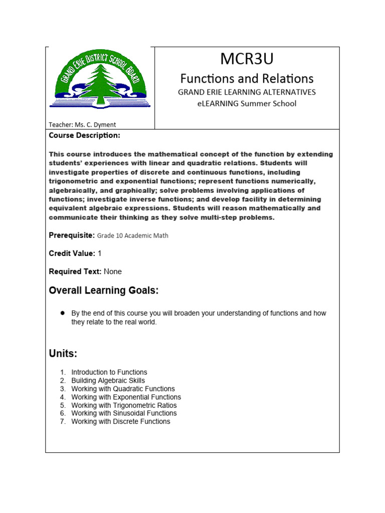 Mcr3u Course Outline 2023 Pdf Function Mathematics Mathematics