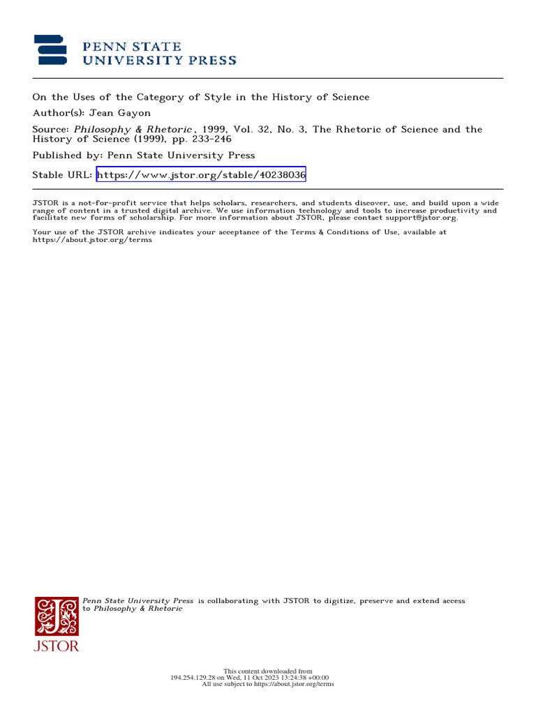 (ARTICLE) Jean Gayon - 1999 - On The Uses of The Category of Style in ...