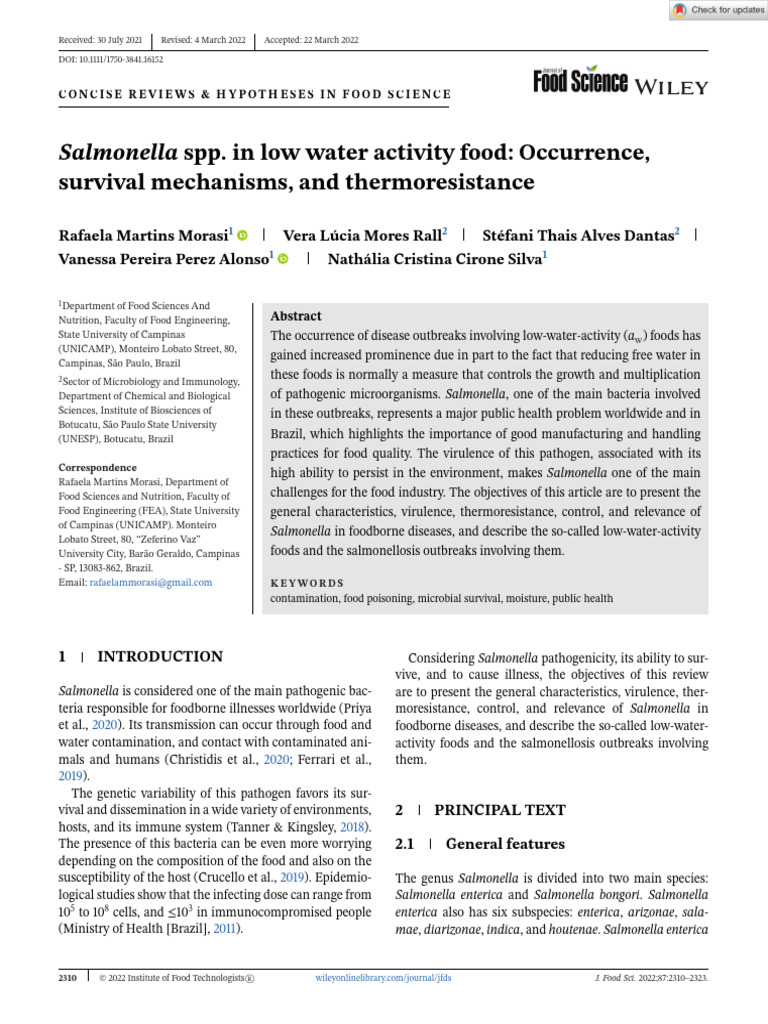 Journal of Food Science - 2022 - Morasi - Salmonella SPP in Low Water ...
