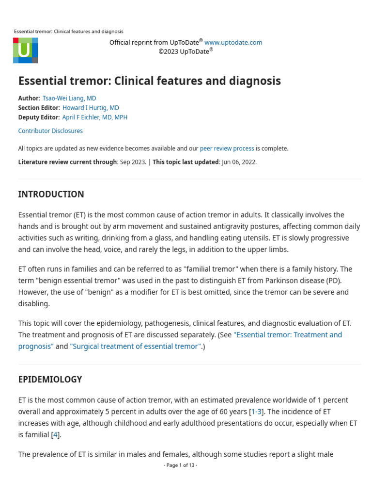 Essential Tremor: Clinical Features and Diagnosis | PDF | Dystonia ...
