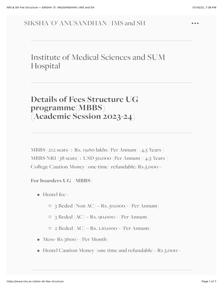 IMS & SH Fee Structure - SIKSHA 'O' ANUSANDHAN - IMS and SH | PDF